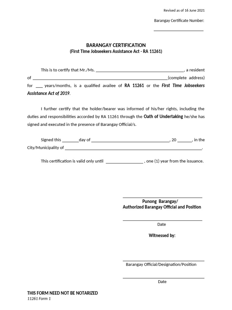First Time Job Seeker Barangay Certificate | PDF