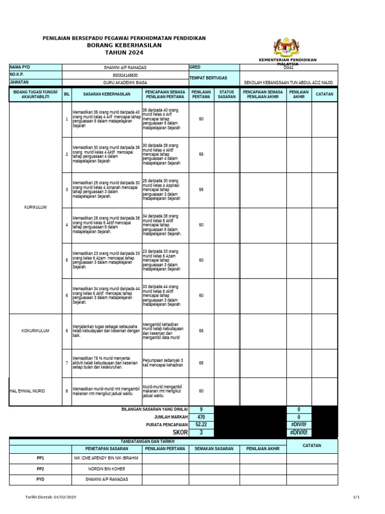 B TEMPLAT BORANG KEBERHASILAN - 2024 SHAMINI | PDF