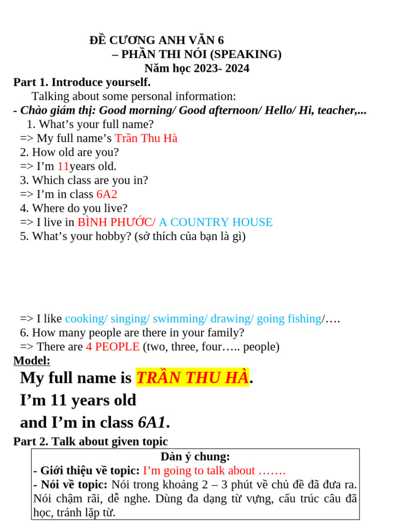 ĐỀ CƯƠNG SPEAKING AV 6 hk1 | PDF