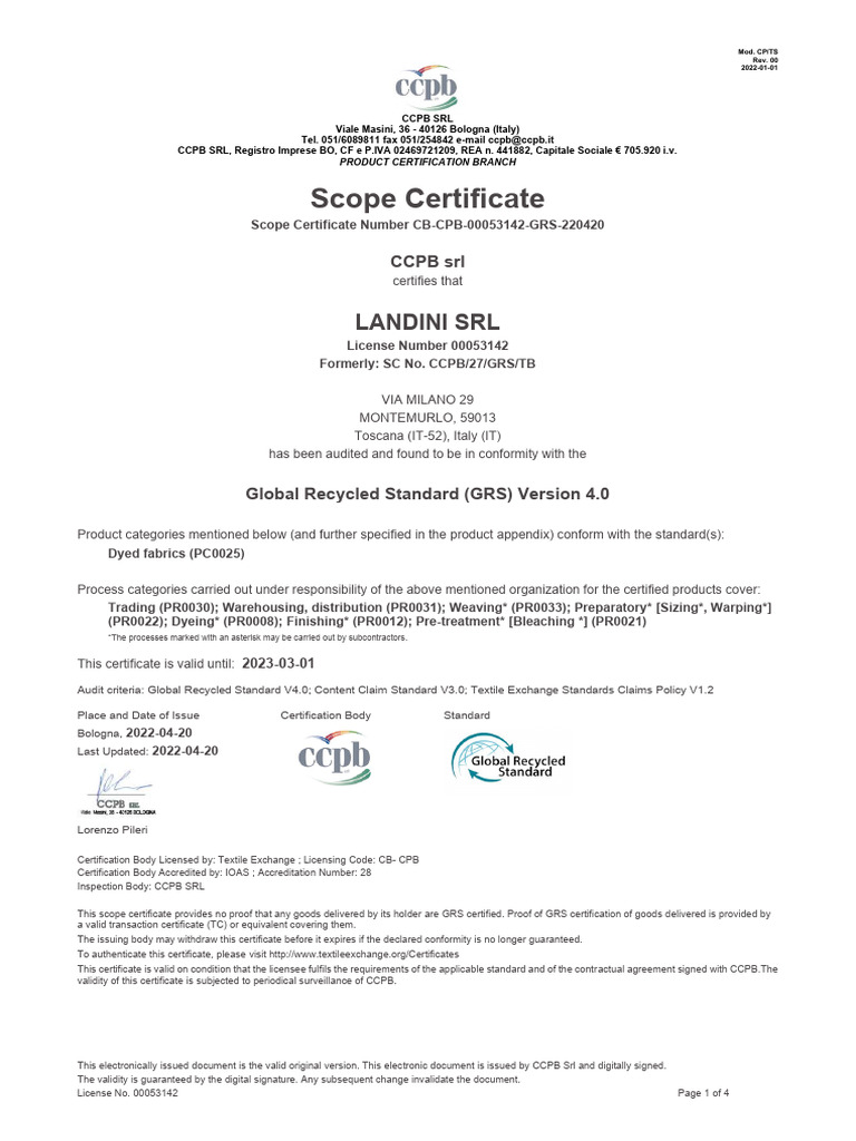 GRS 4.0 Certification for Landini SRL | PDF | Textiles | Fibers