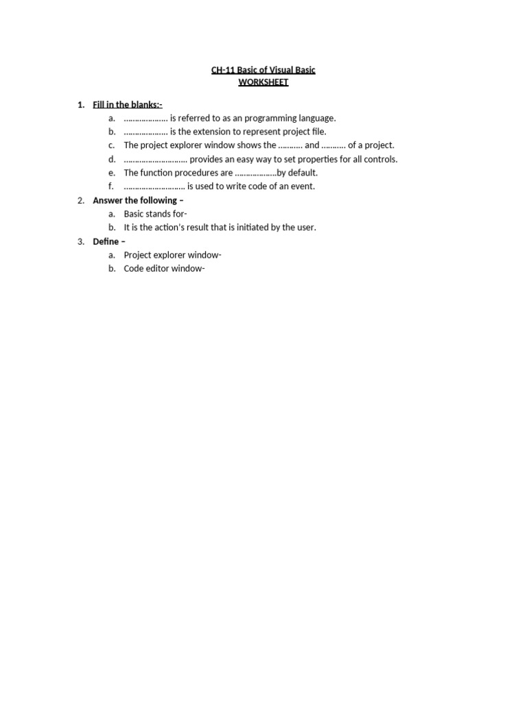 Visual Basic Basics Worksheet | PDF
