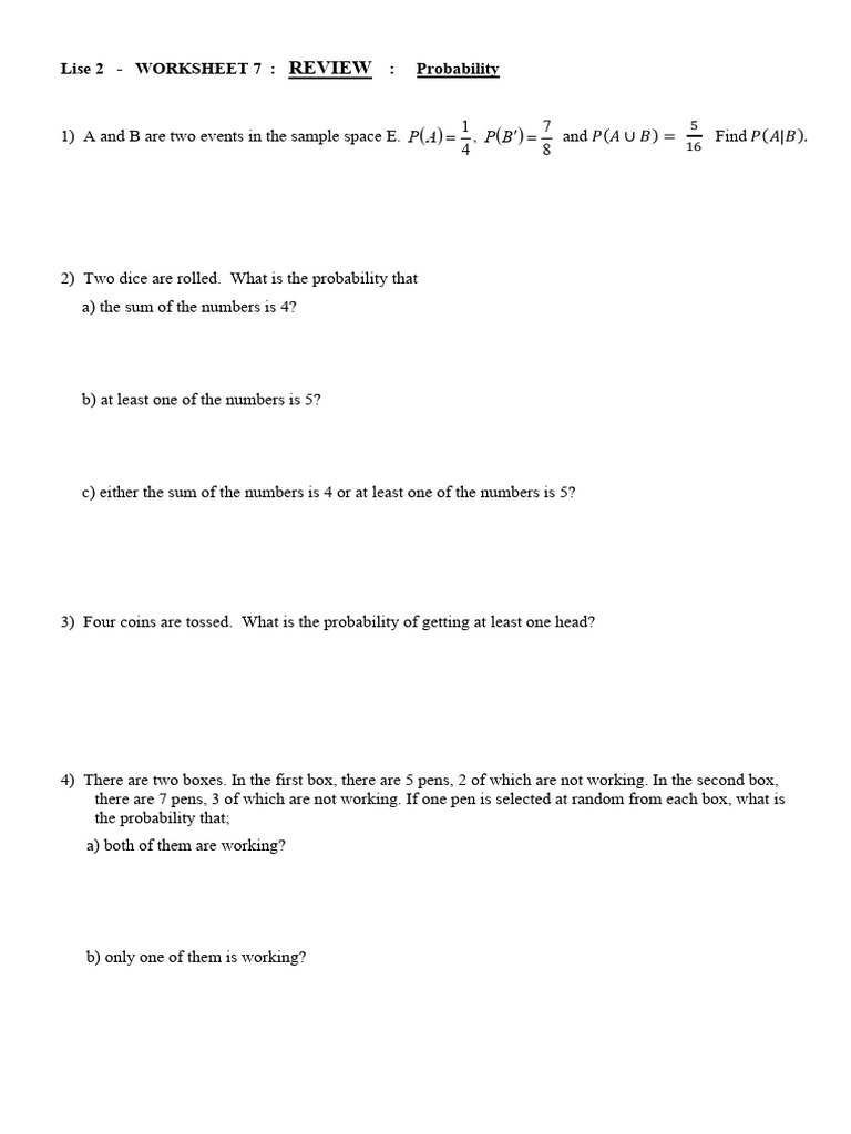 Mat Probability final review worksheet | PDF | Probability Theory ...