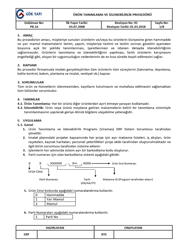 PR.16 Urun Tanimlama Ve Izlenebilirlik Proseduru RV 05 3 | PDF