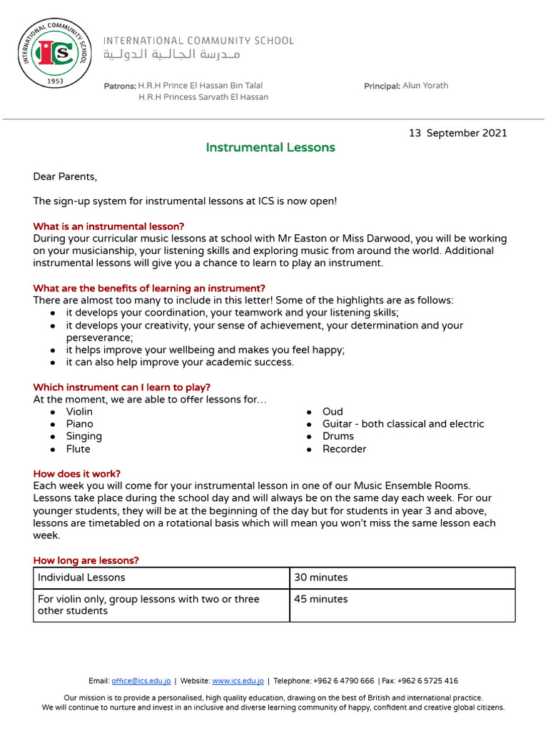 ICS Instrumental Lessons Sign-Up 2021 | PDF