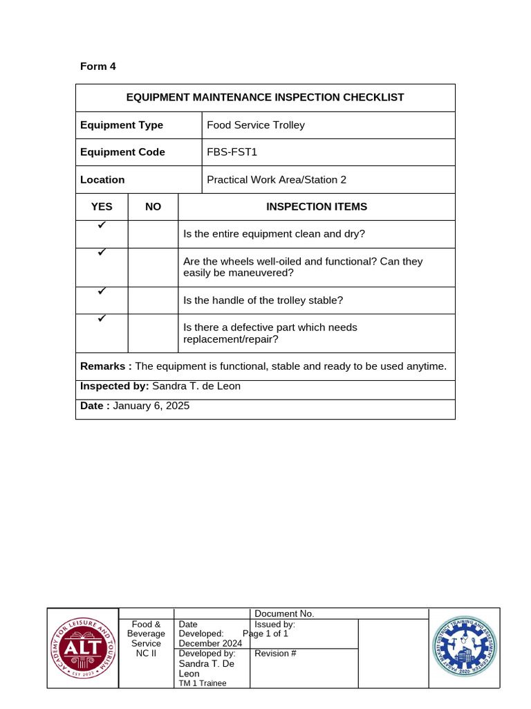 Form 4 Equipment Maintenance Inspection Checklist | PDF