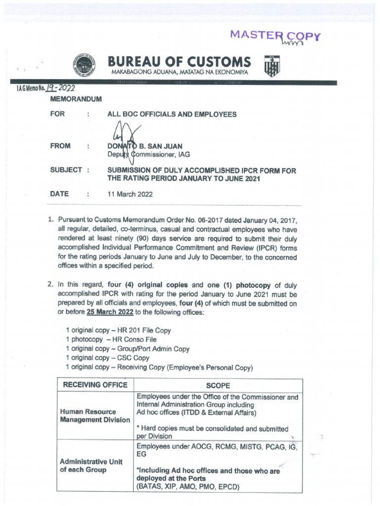 Iag Memo 19 2022 Submission of Duly Accomplished IPCR Form for the ...