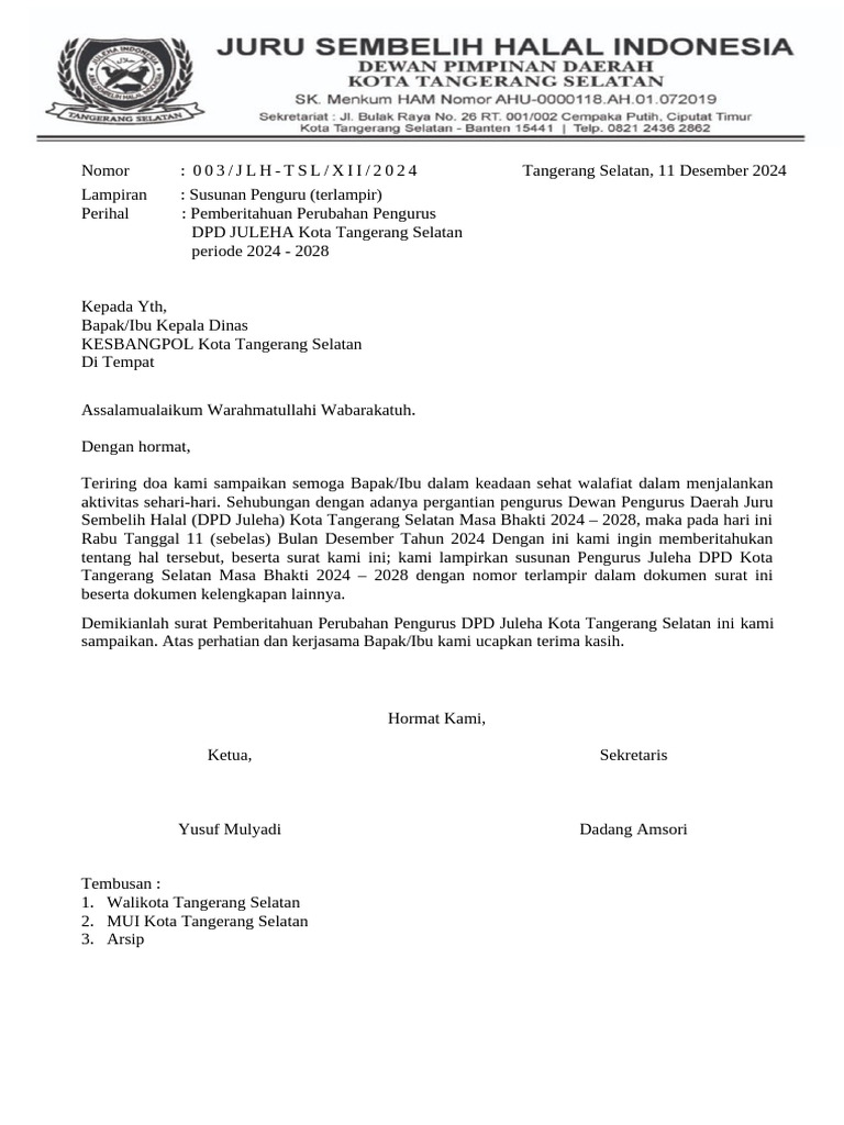 003pemberitahuan Perubahan Pengurus DPD JTS 2024-2028 | PDF