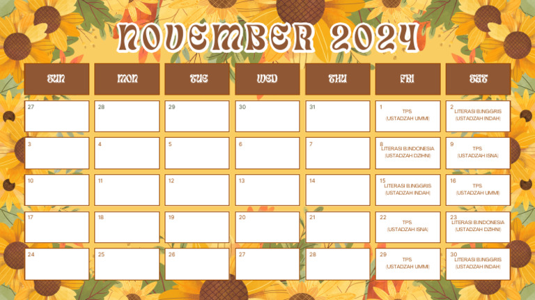Yellow Brown Floral Autumn November 2024 Monthly Calendar | PDF