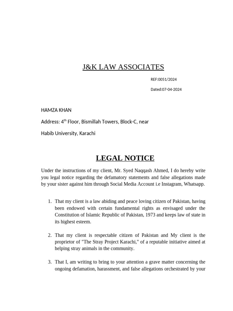 Legal Notice: Defamation Claim Against Abeer Khan | PDF | Defamation ...