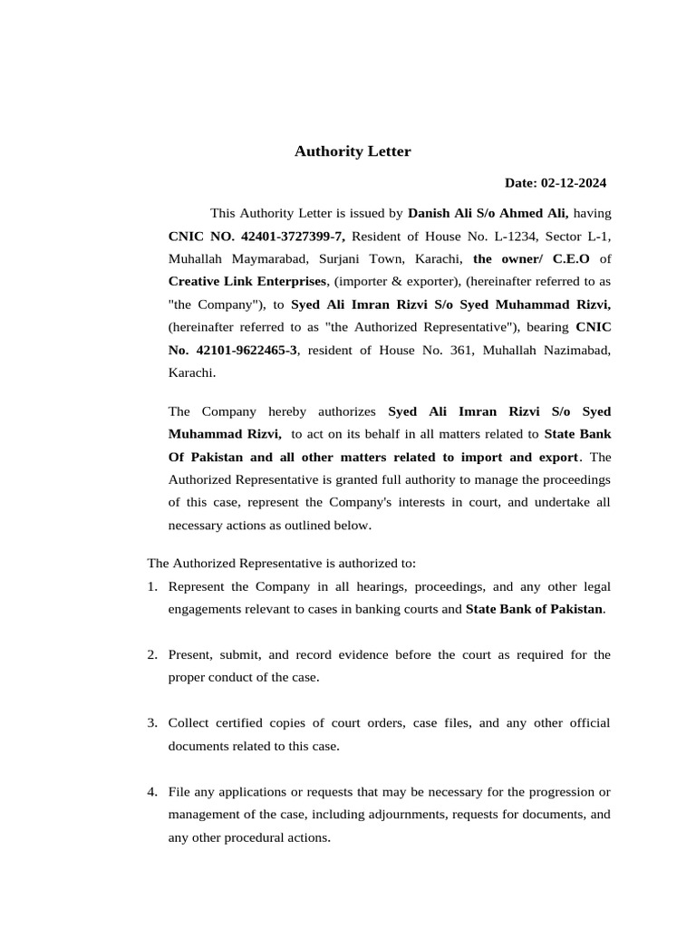 Authority Letter 1 | PDF | Government | Public Law