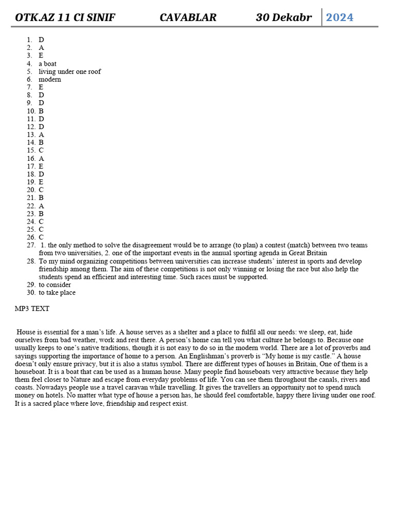 Otk - Az Cavablar 11 Sinif 3 Buraxilis 30.12.24 | PDF
