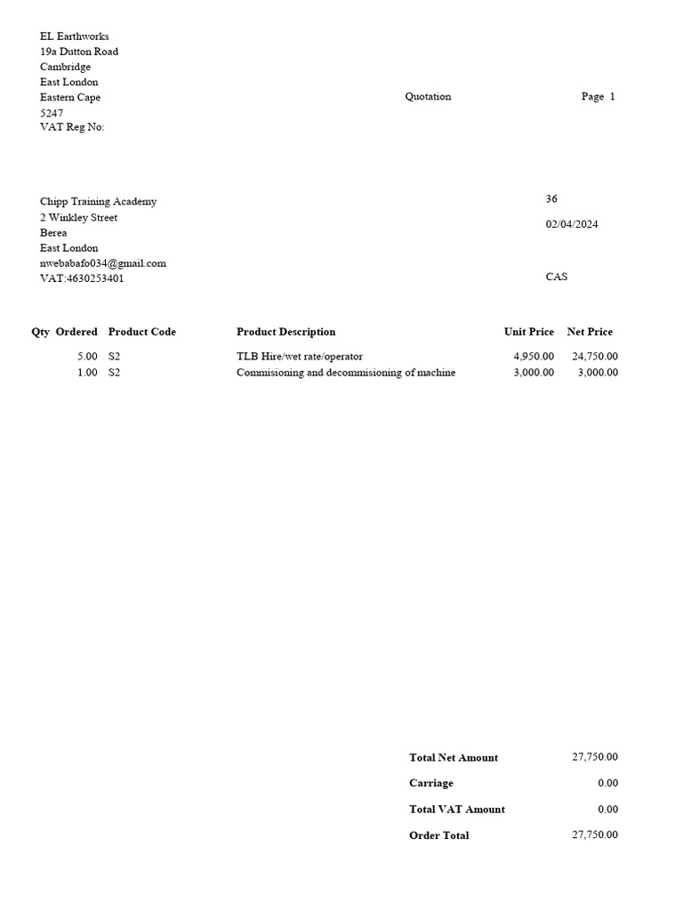 TLB Hire Quotation and Rates | PDF