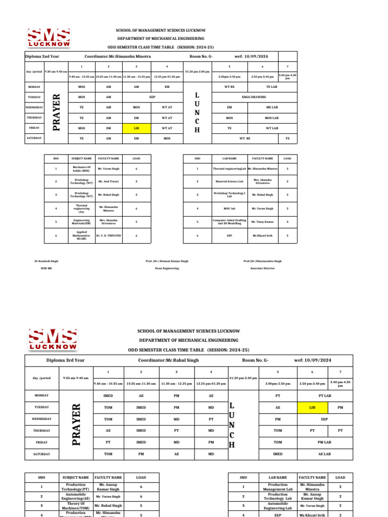 Time Table Odd Sem (2024-25) | PDF | Engineering