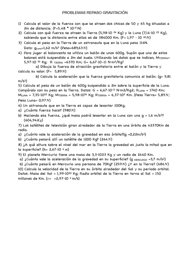 PROBLEMAS REPASO GRAVITACIÓN | PDF