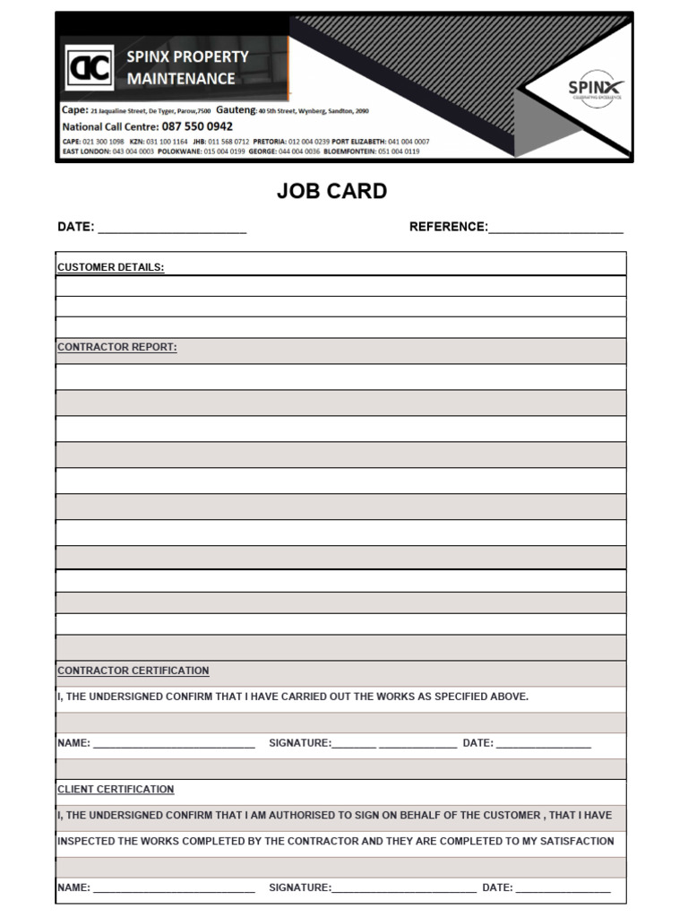 Contractor Job Completion Card | PDF