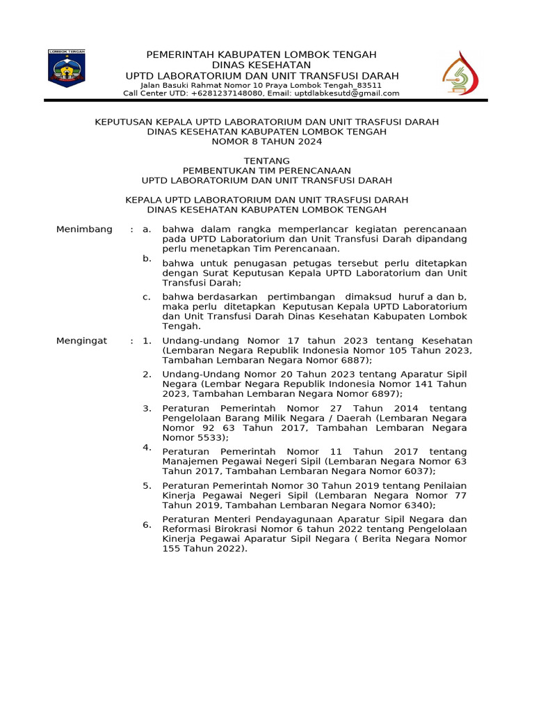 SK TIM PERENCANA UPTD Lab Dan UTD 2024 Ok | PDF