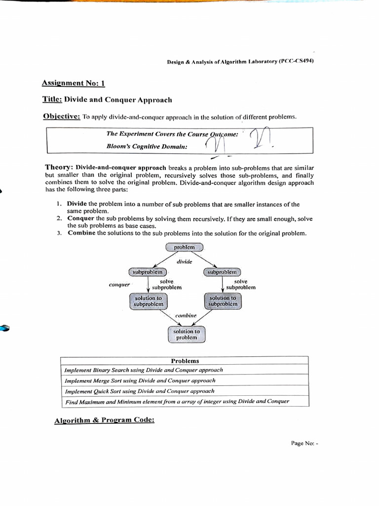 Divide &conquer Approach DAA Assignment 1 | PDF