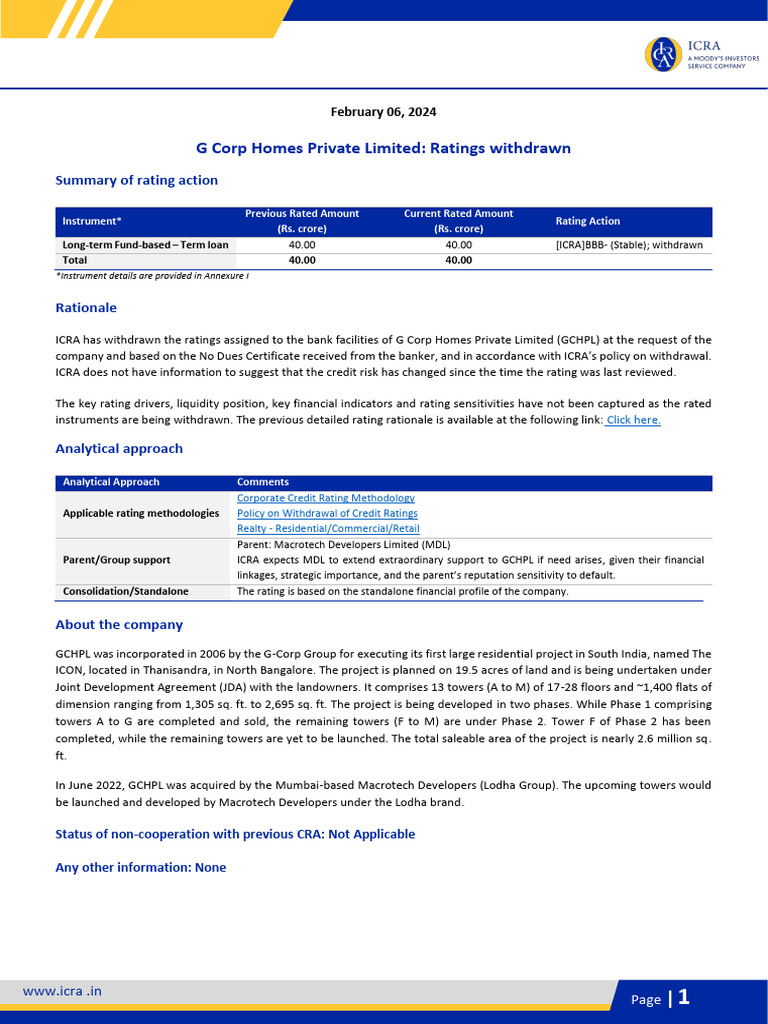 G Corp Homes Private Limited | PDF | Credit Rating Agency | Credit
