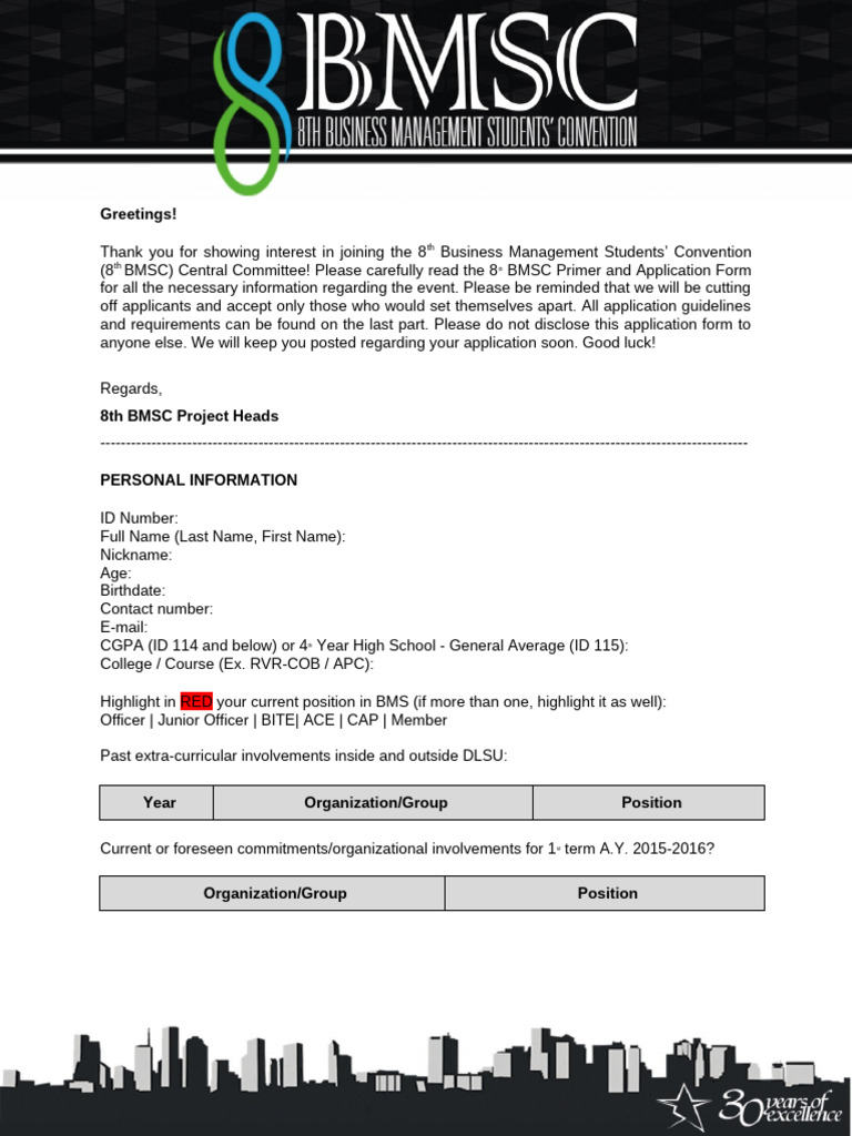 8th BMSC Application Form | PDF | Computing