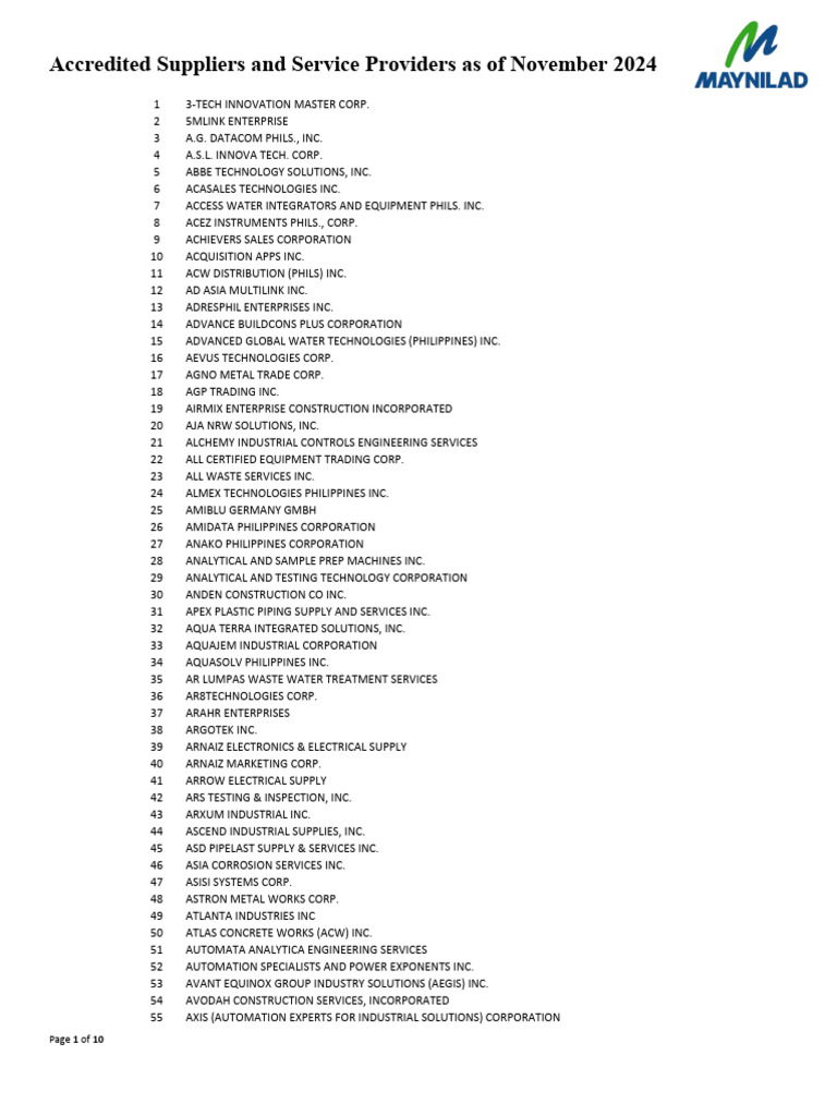 Accredited Suppliers and Service Providers As of Nov2024 | PDF | Engineering | Business
