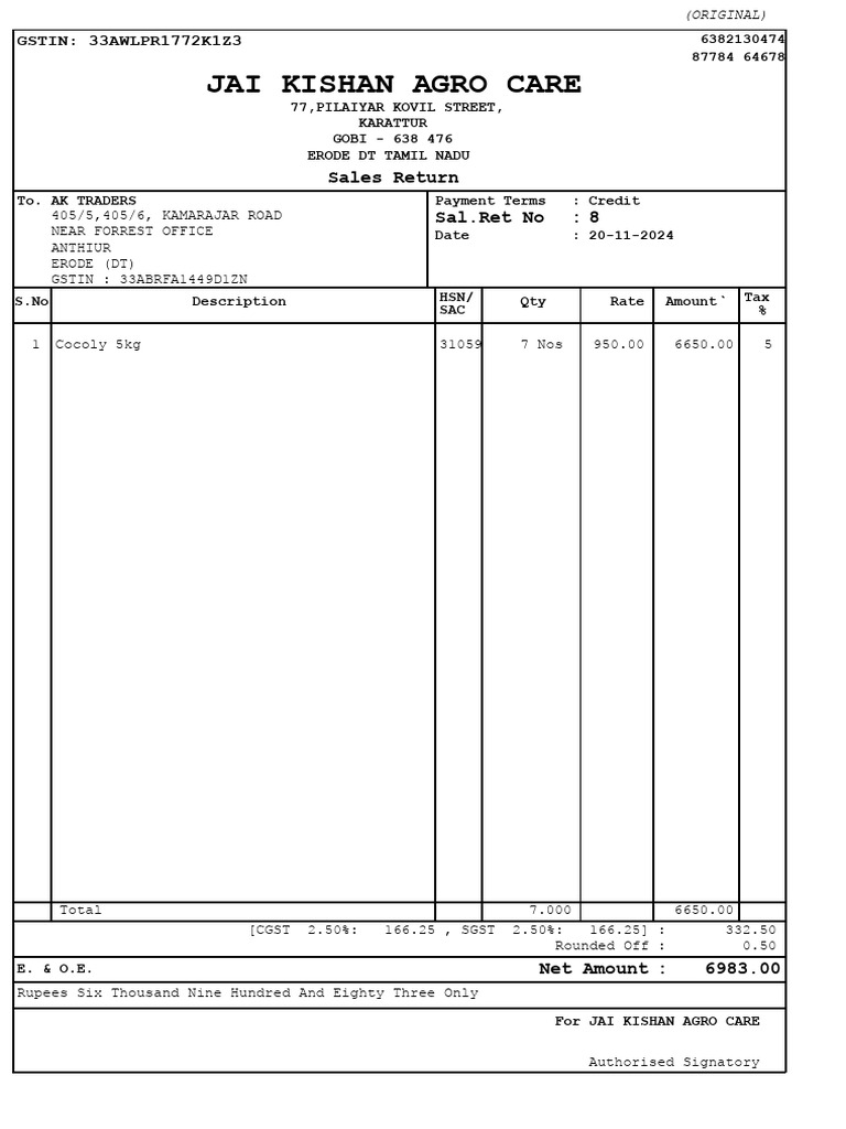 Jai Kishan Agro Care: Sales Return Sal - Ret No: 8 | PDF