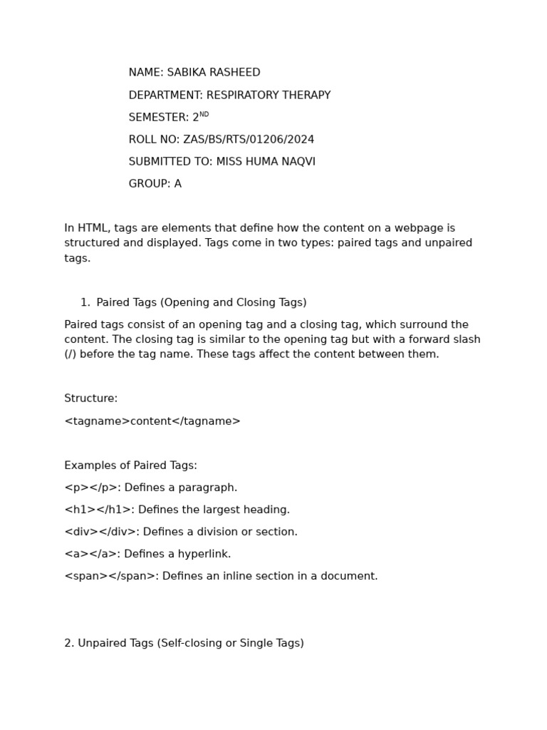 Computer Assignment On Paired and Unpaired Tags by SABIKA 01206-1 | PDF