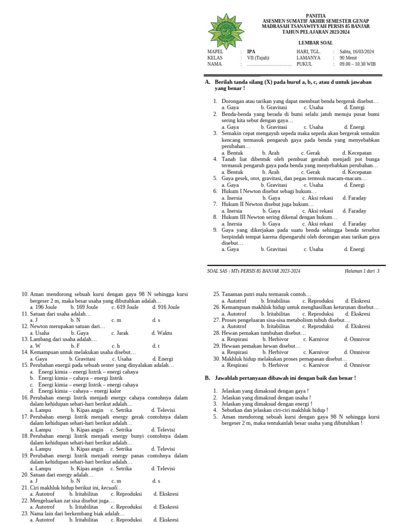 Soal Pat Ipa Kls 7 Mts Genap 2024 | PDF