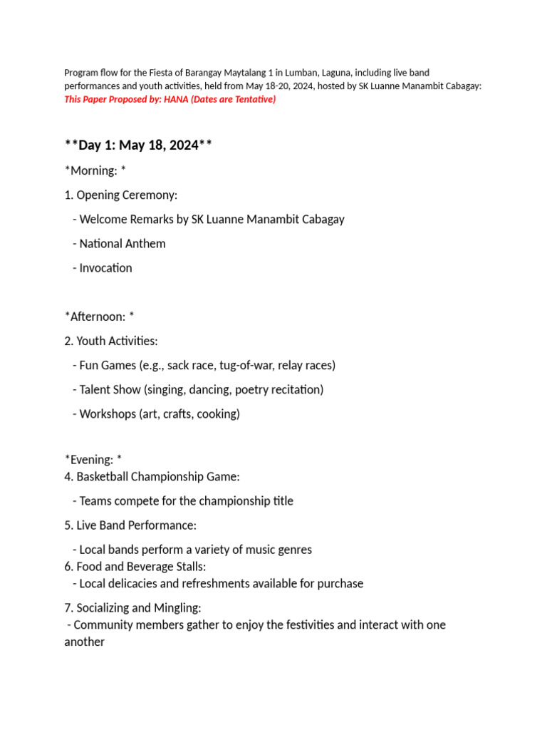 Program Flow For The Fiesta of Barangay Maytalang 1 in Lumban | PDF