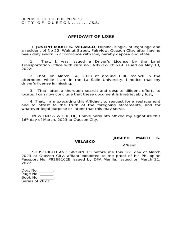 Affidavit of Lost Driver’s License | PDF