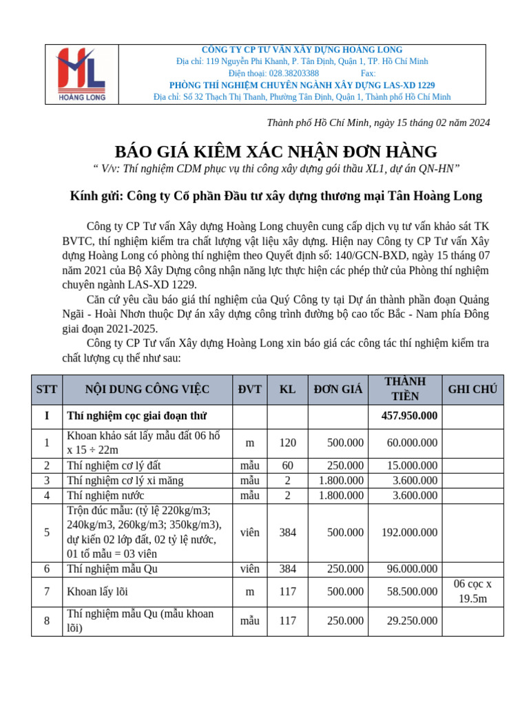 BAO GIA KIEM XAC NHAN DON HANG - Cọc CDM | PDF