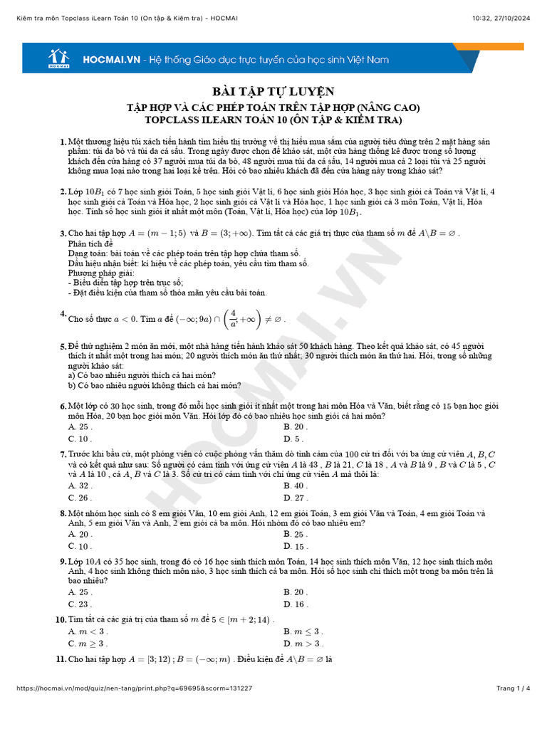 Bài T PT LUY: T PH P Và Các Phép Toá TRÊ T PH P (Â G Cao) Topclass Ilear TOÁ 10 (Ô T P & Ki M ...