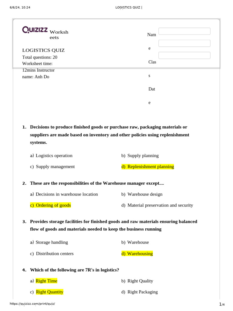 LOGISTICS QUIZ - 20 Quizizz & Answers | PDF | Logistics | Warehouse