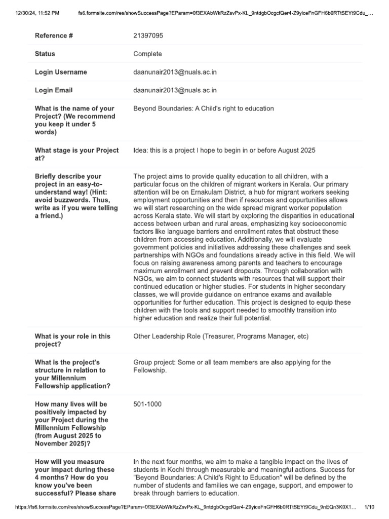 Un Millenium Scholarship Form Round 2 Application Print | PDF
