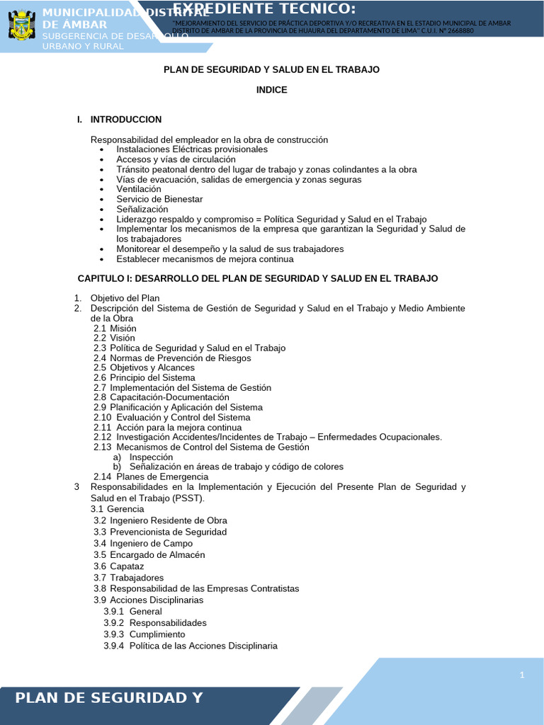 PLAN DE SEGURIDAD Y SALUD EN EL TRABAJO estadio municipal | PDF | Seguridad y salud ocupacional ...