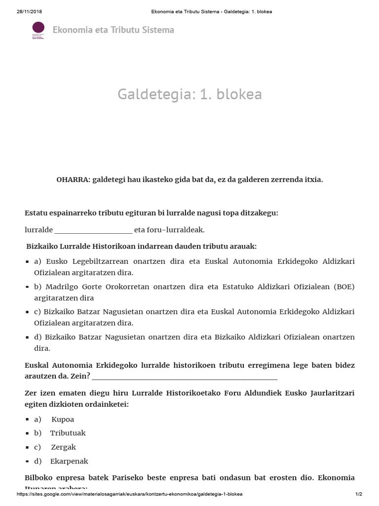 Ekonomia Eta Tributu Sistema - Galdetegia - 1. Blokea | PDF
