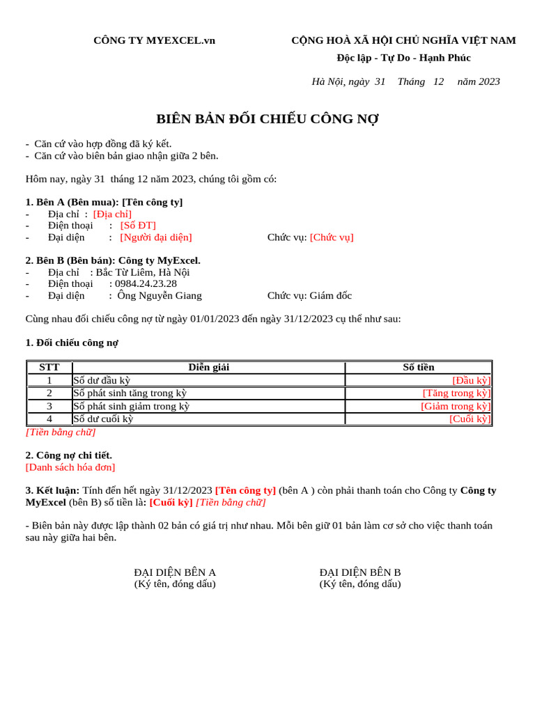 Mau Bien Ban Doi Chieu Cong No | PDF