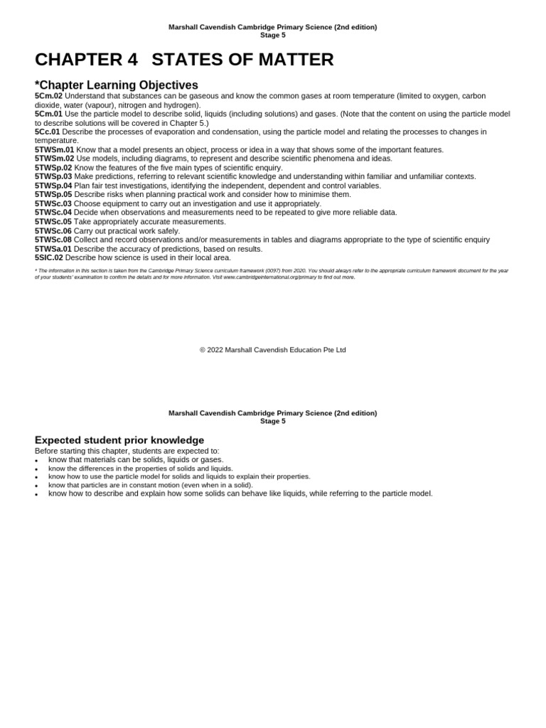 MCE Cambridge Primary Science 2E Stage5 SOW and LP C04-1 | PDF | Gases | Liquids