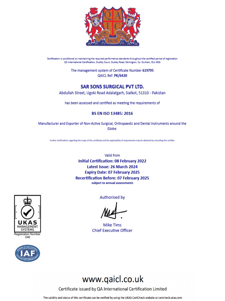 SAR Sons Surgical ISO 13485 Certification | PDF