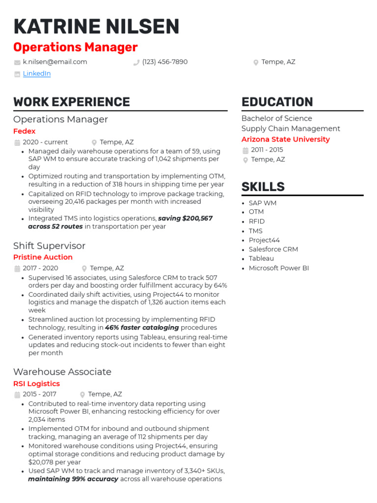 fedex-operations-manager-resume-example | PDF | Logistics | Warehouse