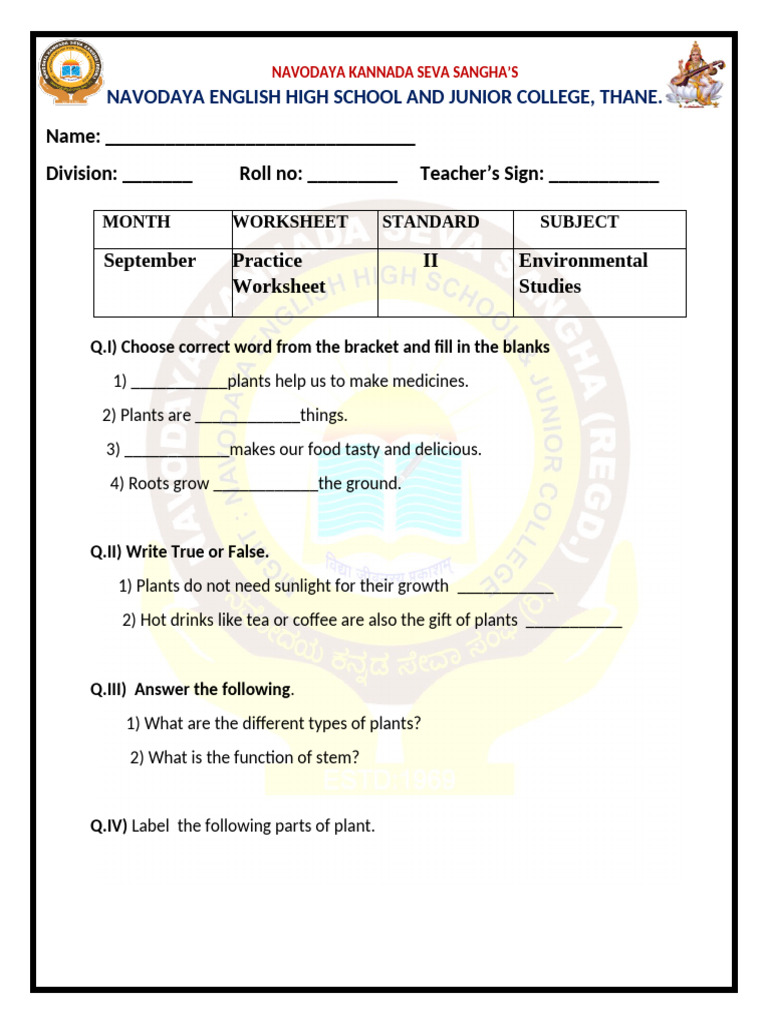 EVS WORKSHEET STD 2 Sept | PDF