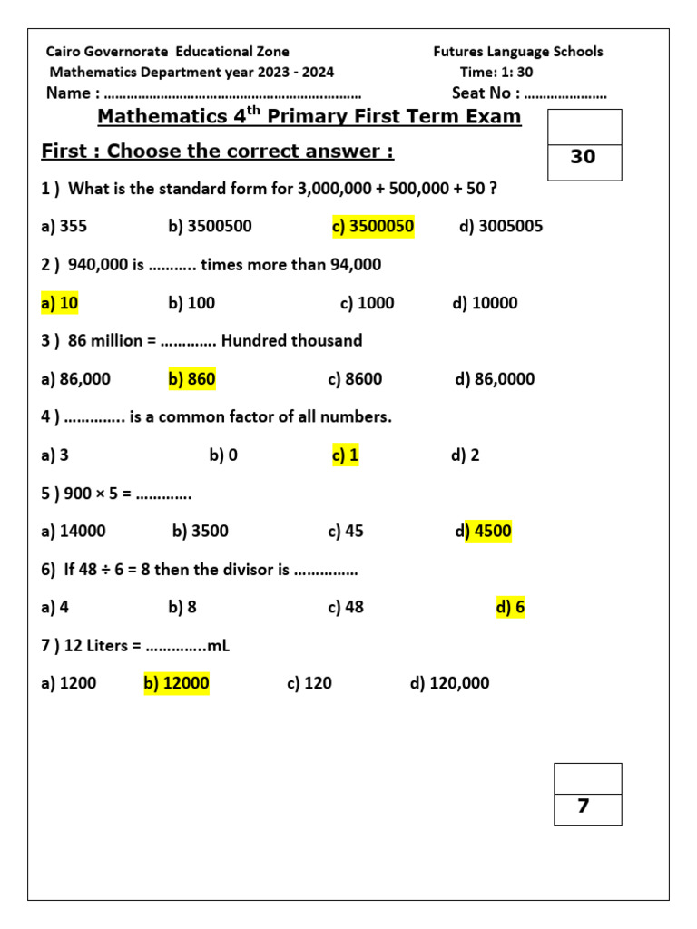 4th Prim Maths. Mid-Year Exam Model Answer 2023-2024 | PDF | Number ...