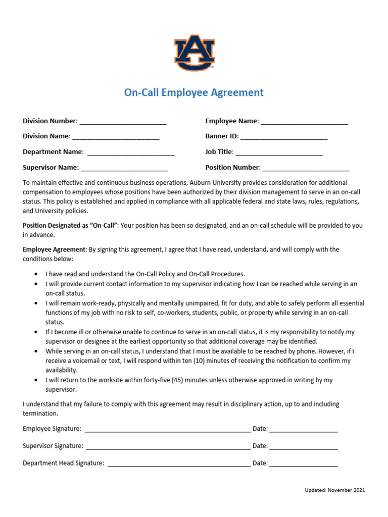 On Call Employee Agreement1 | PDF | Justice | Crime & Violence