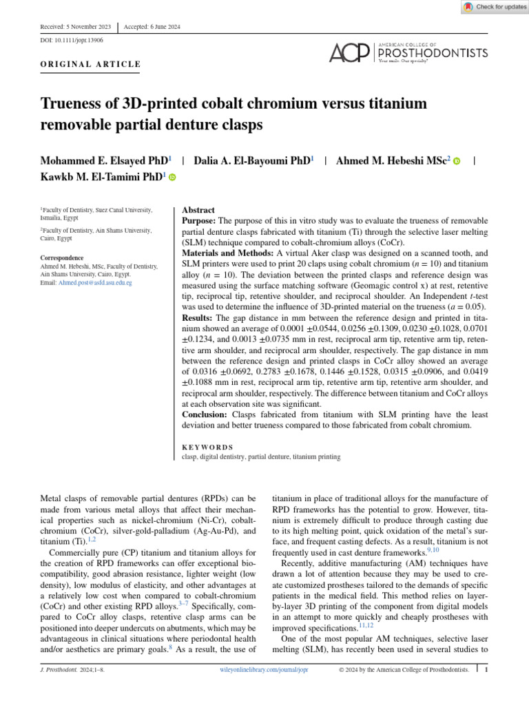 Journal of Prosthodontics - 2024 - Elsayed - Trueness of 3D Printed ...