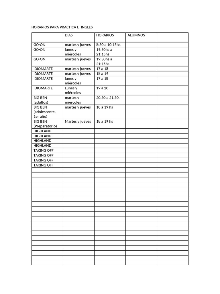 Horarios para Practica I | PDF