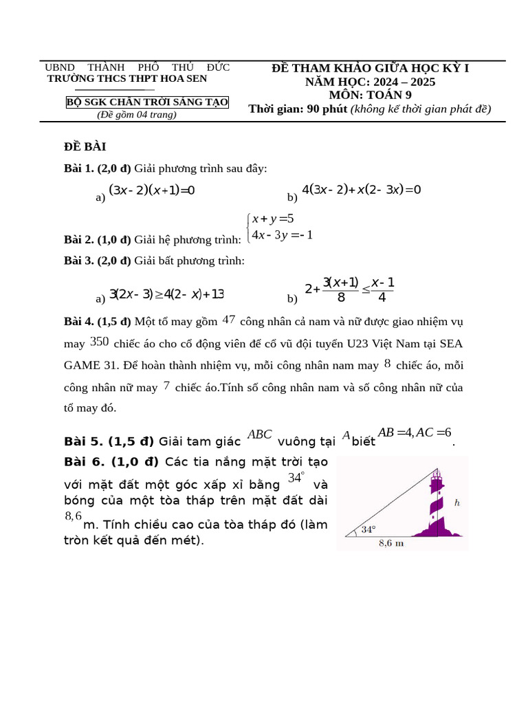 DE MINH HOA KIEM TRA GIUA HK1 - TOÁN 9 - CTST - Tuyen Le | PDF