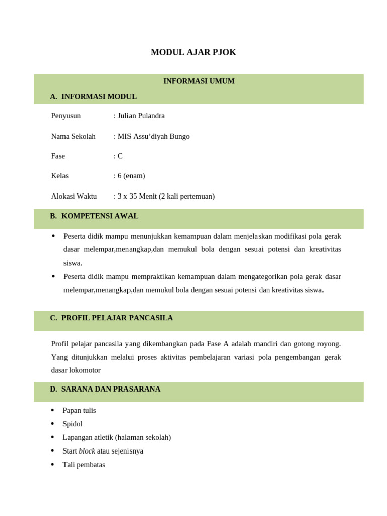 Modul Ajar Pjok Kelas 6 | PDF