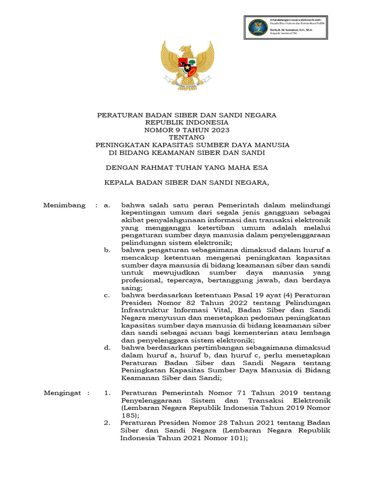 (Salinan) Peraturan BSSN 9 Tahun 2023 Peningkatan Kapasitas SDM - Sign ...