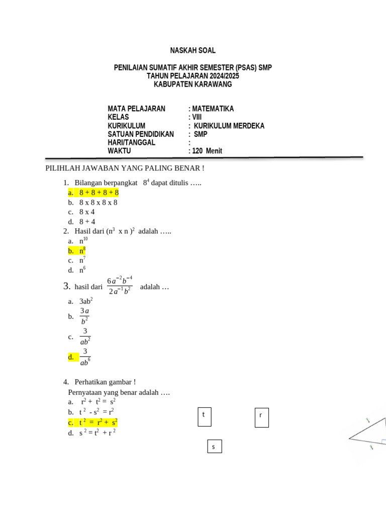 Soal Matematika Kelas 8 Psas 2425 | PDF