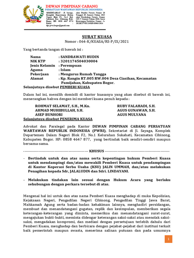 Surat Kuasa - Sandrawati Hudin | PDF