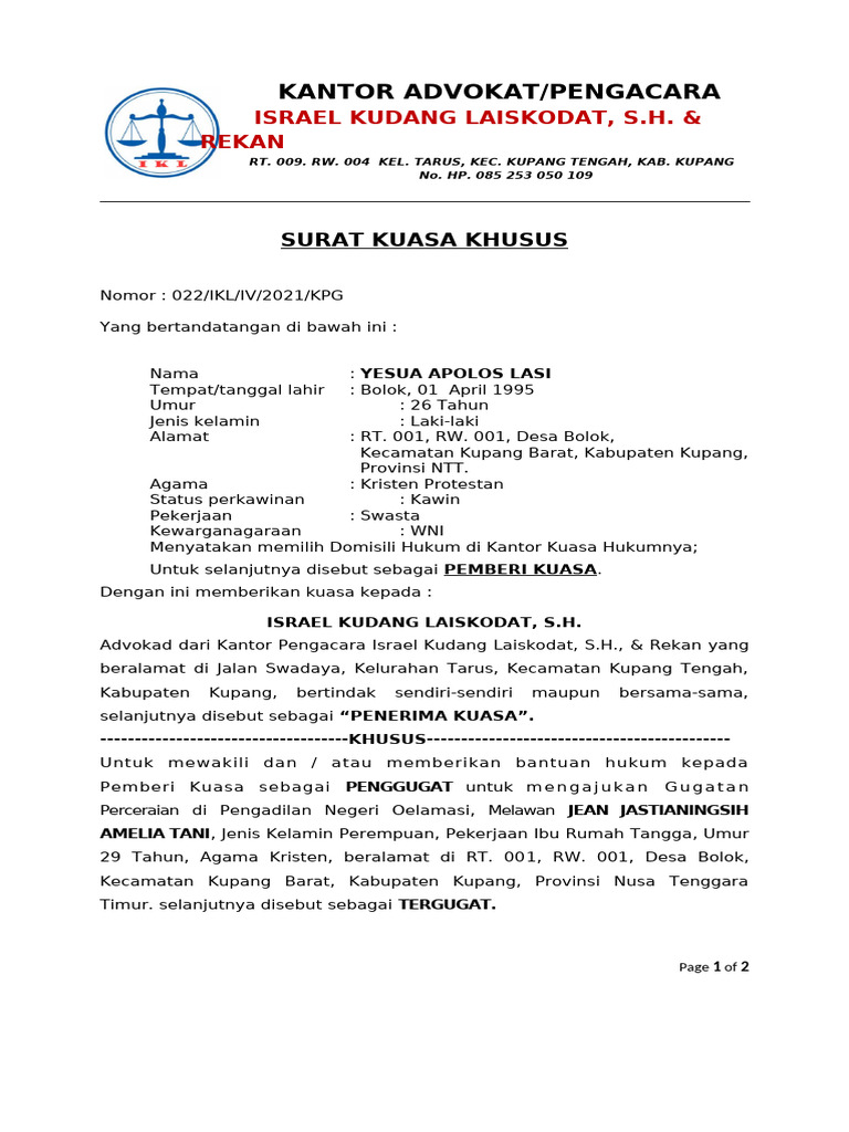 Surat Kuasa Yesua Apolos Lasi | PDF